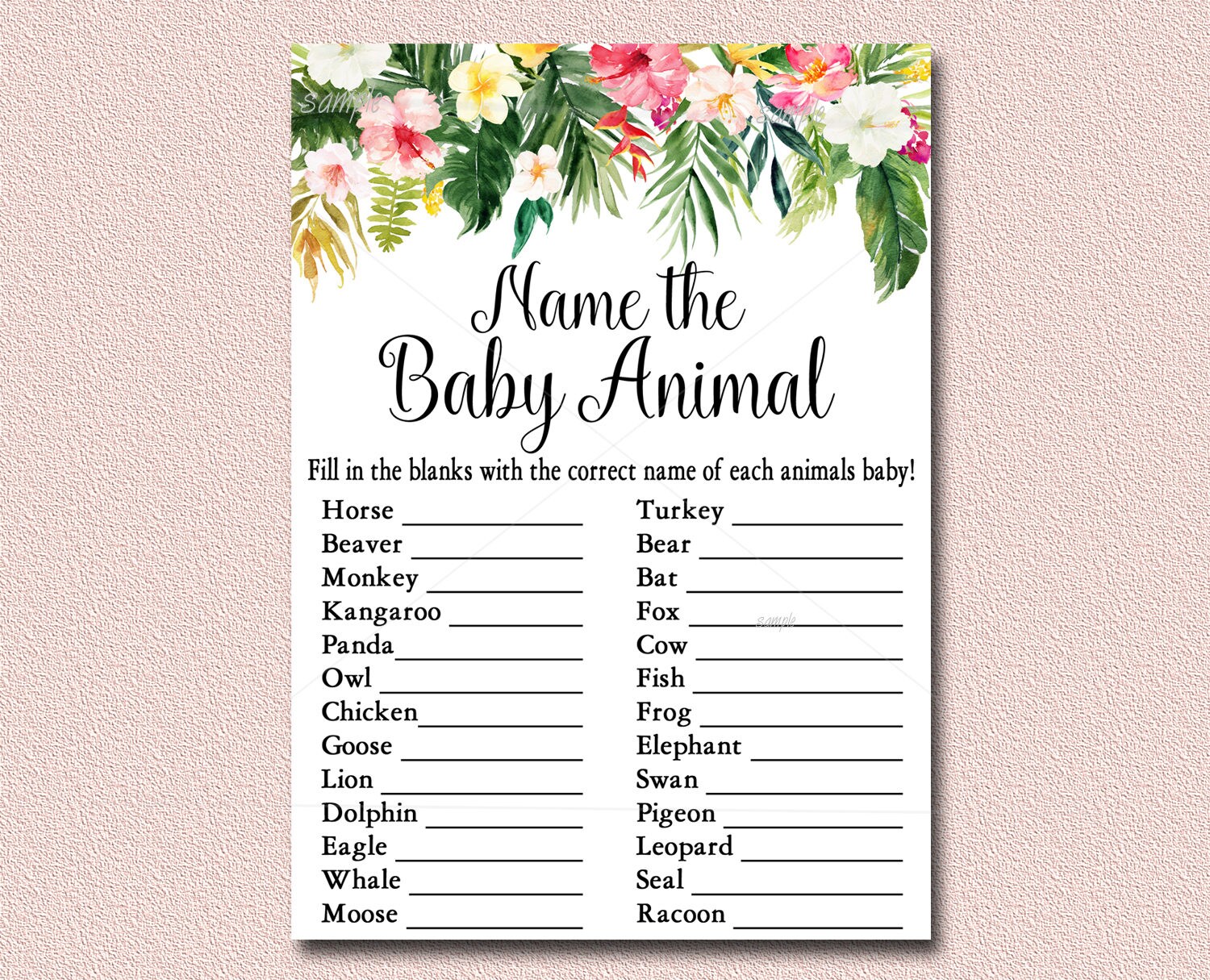 Tropical Baby Shower Game Name the Baby Animals Game | Etsy