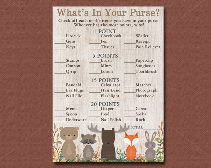 Woodland Baby Shower Game What's in Your Purse Game - Etsy