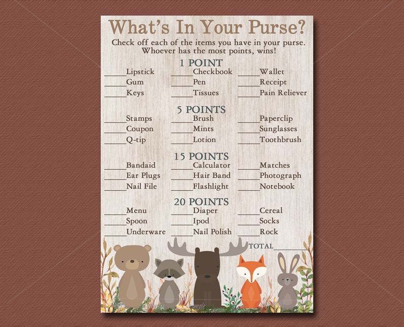 Woodland Baby Shower Game, What's in Your Purse Game Printable ...