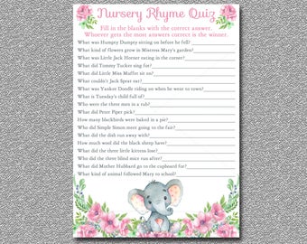 Elephant Baby Shower Game, Nursery Rhyme Quiz Game, Pink Elephant Girl ...