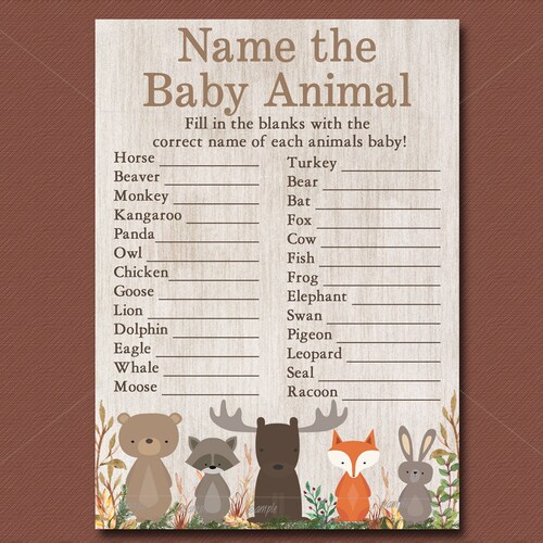Woodland Baby Shower Name the Baby Animals Game Woodland Name - Etsy