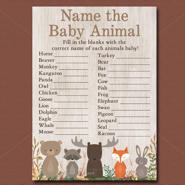 Woodland Baby Shower Name the Baby Animal Game - Etsy