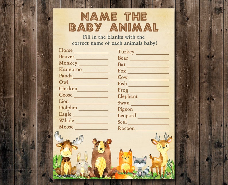 Woodland Baby Shower Game Name the Baby Animals Game - Etsy