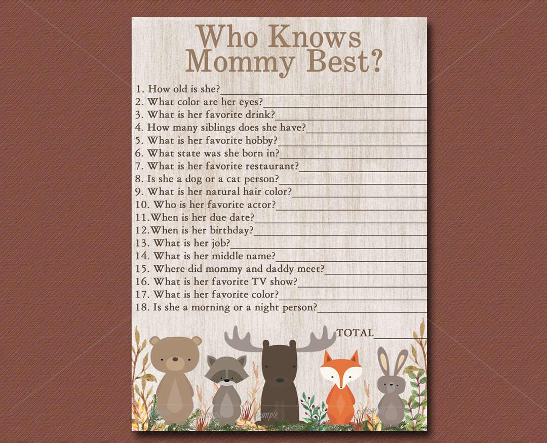 Woodland Baby Shower Game, Who Knows Mommy Best, How Well Do You Know ...