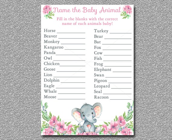Pink Elephant Baby Shower Game Name the Baby Animals Game | Etsy