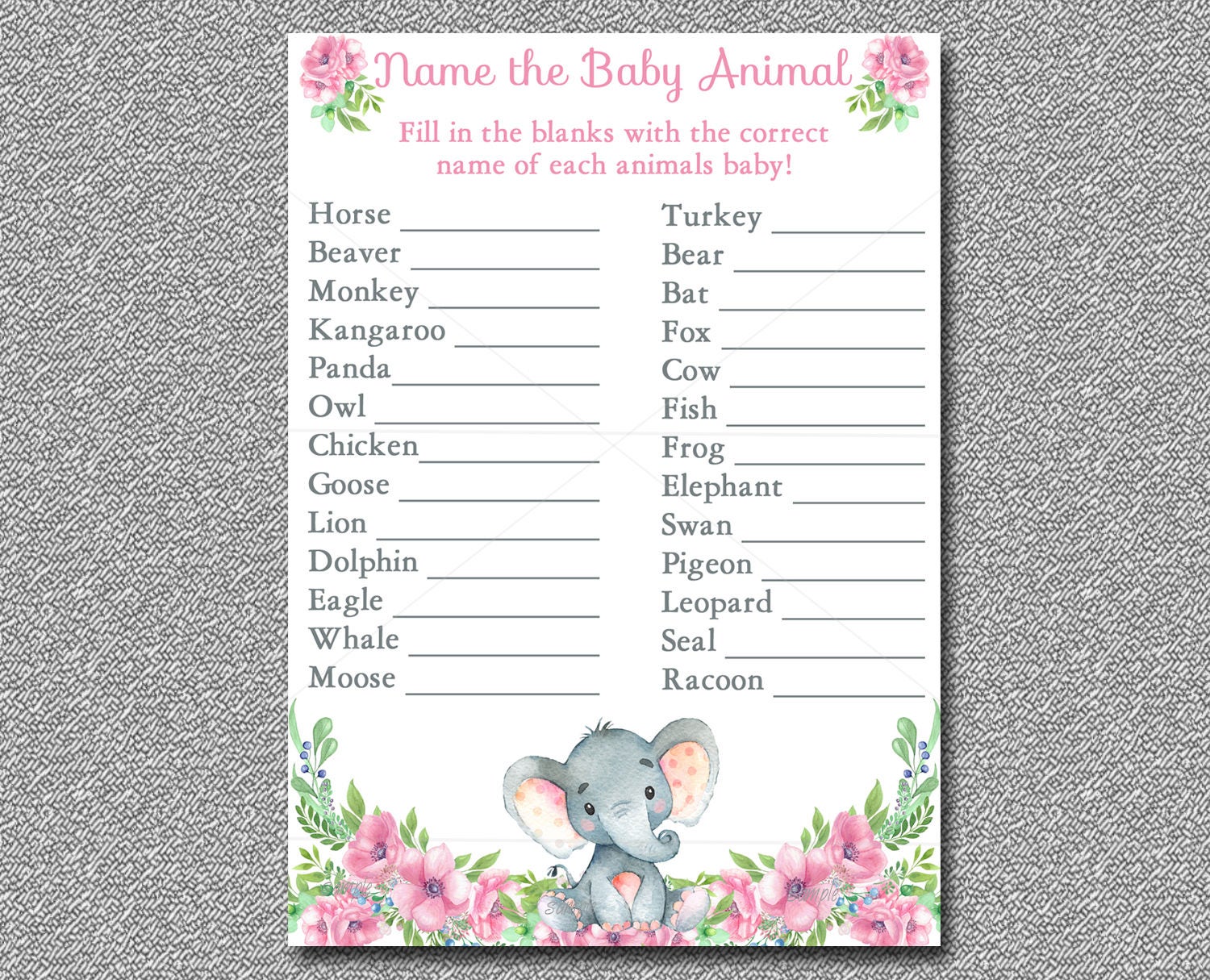 Pink Elephant Baby Shower Game Name the Baby Animals Game - Etsy Ireland