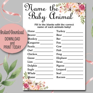 Floral Baby Shower Game Name the Baby Animals Game Printable, Pink ...