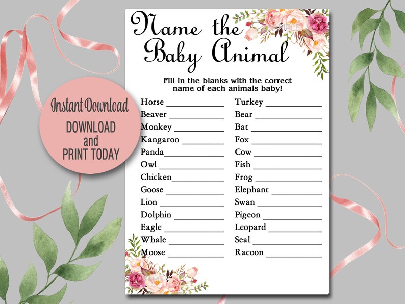 Floral Baby Shower Game Name the Baby Animals Game Printable | Etsy
