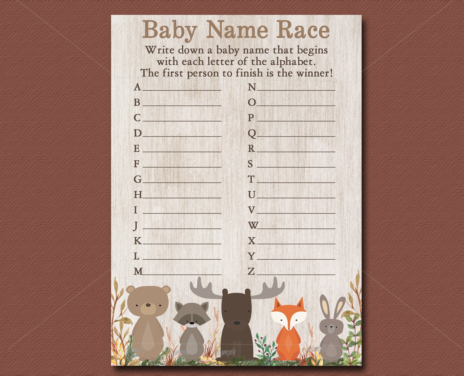 Woodland Baby Shower Game - Name Race Game , Woodland Animals Baby ...