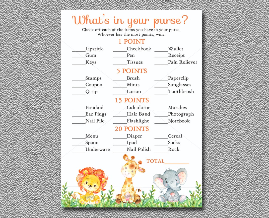 Safari Baby Shower Game, What's in Your Purse Game Printable, Jungle ...