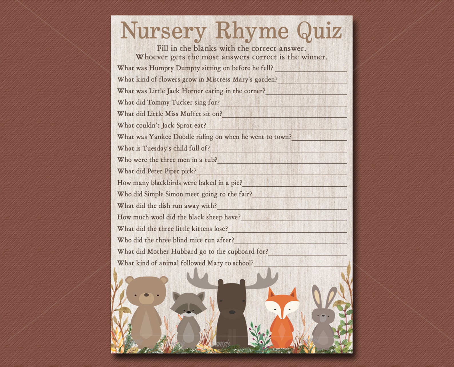 Woodland Baby Shower Game, Nursery Rhyme Quiz Game, Printable, Woodland ...