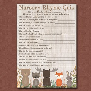 Woodland Baby Shower Game, Nursery Rhyme Quiz Game, Printable, Woodland ...
