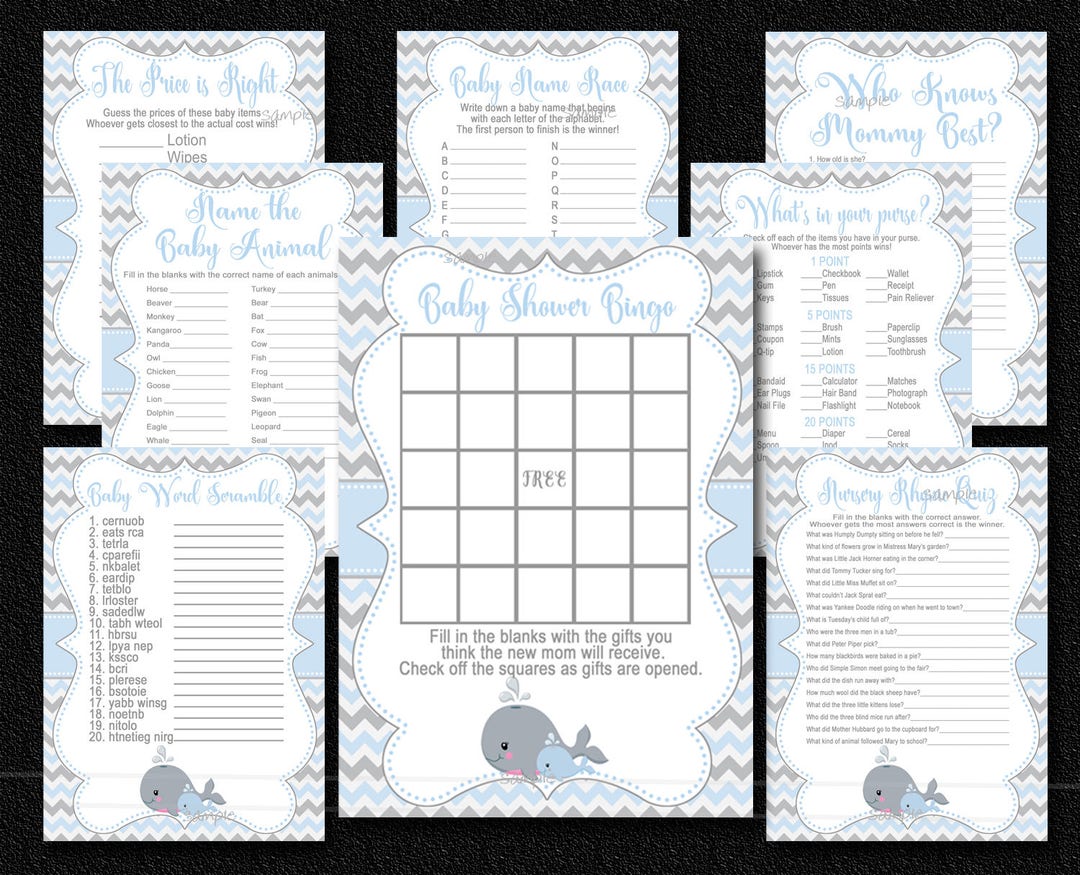 Whale Baby Shower Games Package , 8 Printable Games, Baby Boy Shower ...