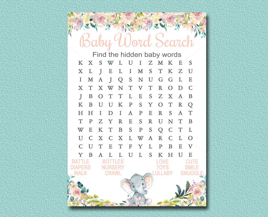 Elephant Baby Shower Game, Word Search Game Printable, Floral Elephant ...