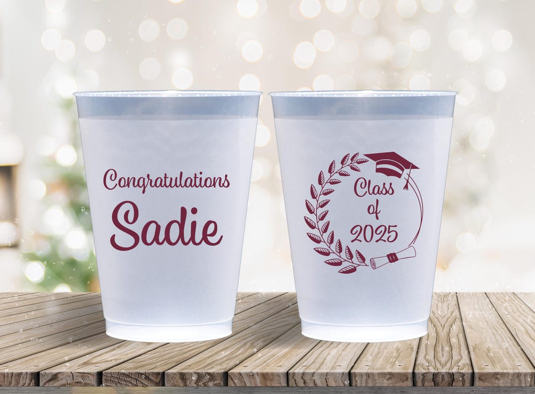 Personalized Frosted Cups Graduation Party Wreath Grad Cap Custom Cups ...