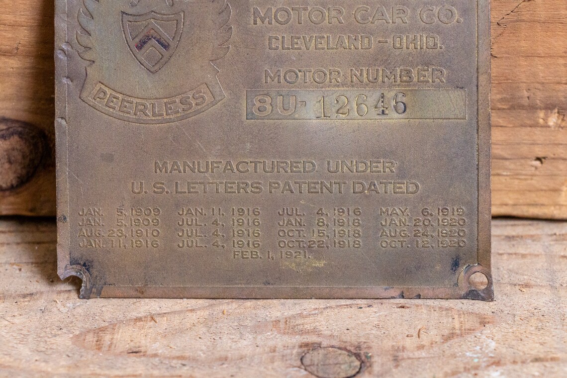 Peerless Motor Car Co Motor Number Brass Plate Plaque Vintage Wall ...