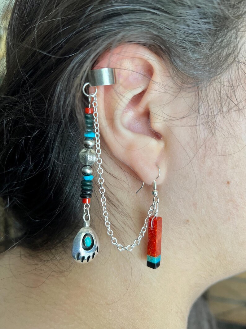 Sterling Silver Navajo Bear Claw Ear Cuff, Coral Turquoise Accent - Etsy