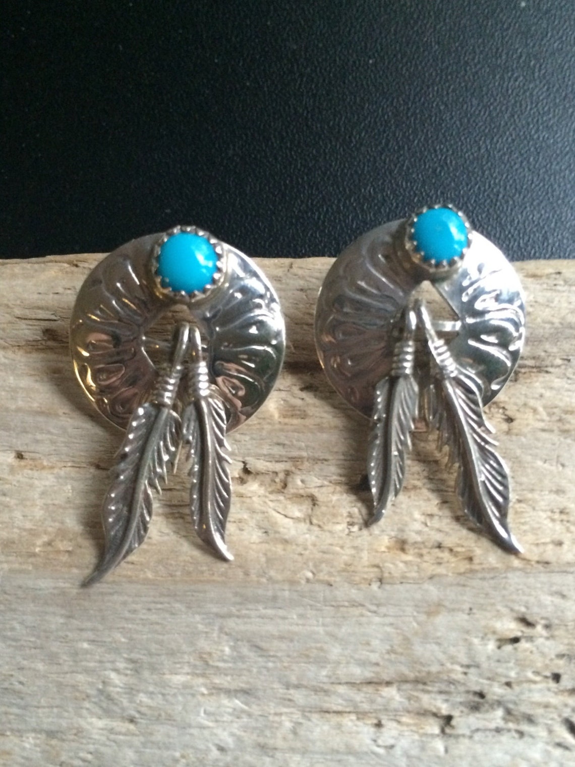 Navajo Concho Sterling Silver Earrings, Turquoise Feather Design - Etsy