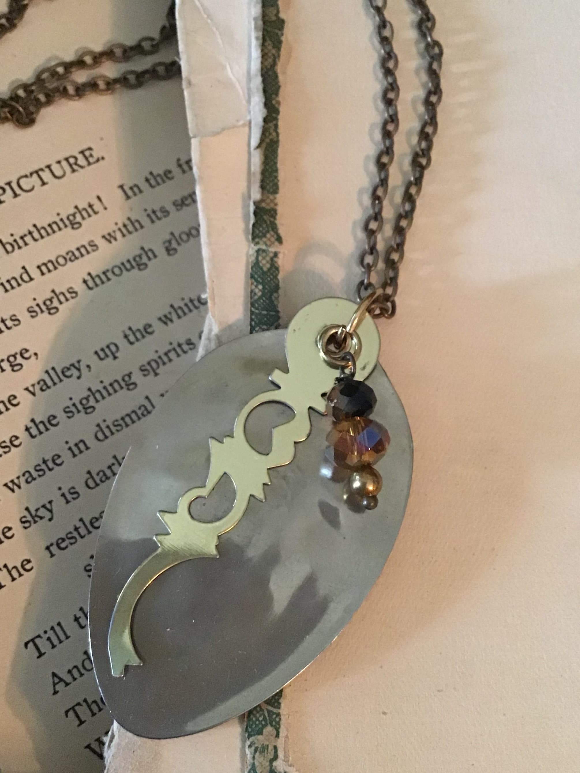 Vintage Clock Hand Flattened Spoon Necklace Mixed Metal, Crystal Charms ...