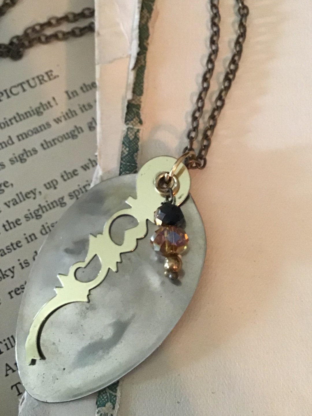 Vintage Clock Hand Flattened Spoon Necklace Mixed Metal, Crystal Charms ...