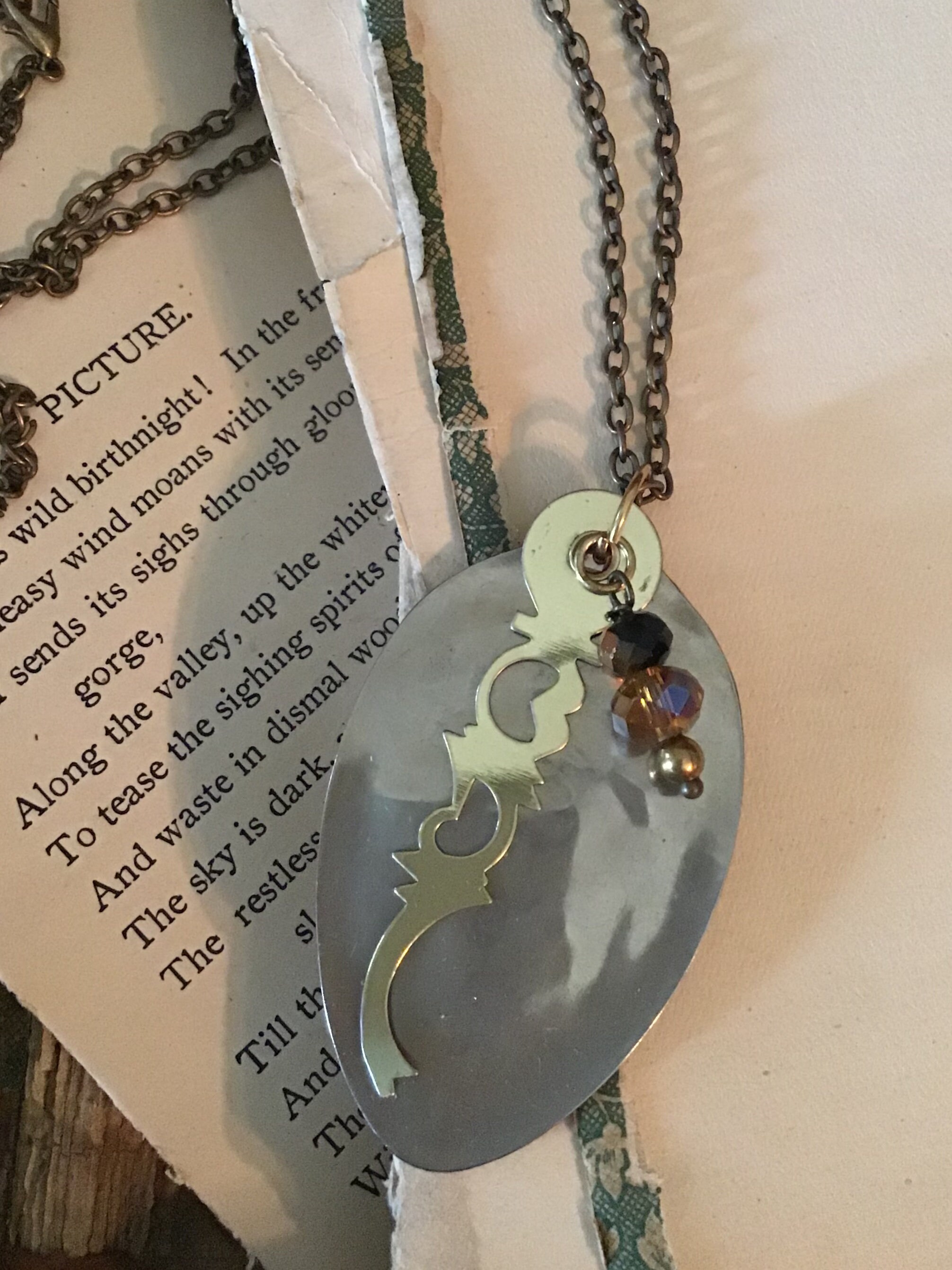 Vintage Clock Hand Flattened Spoon Necklace Mixed Metal, Crystal Charms ...