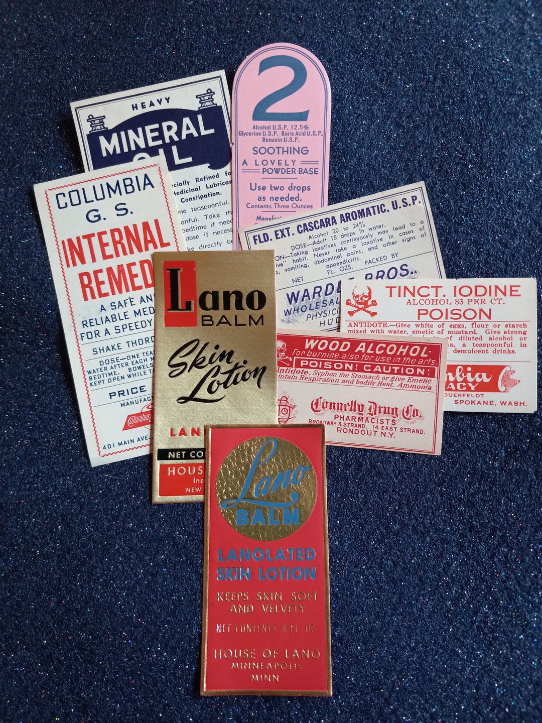 8 Various Vtg Drug Store Bottle Labels. Iodine, Skin Lotion, Mineral ...