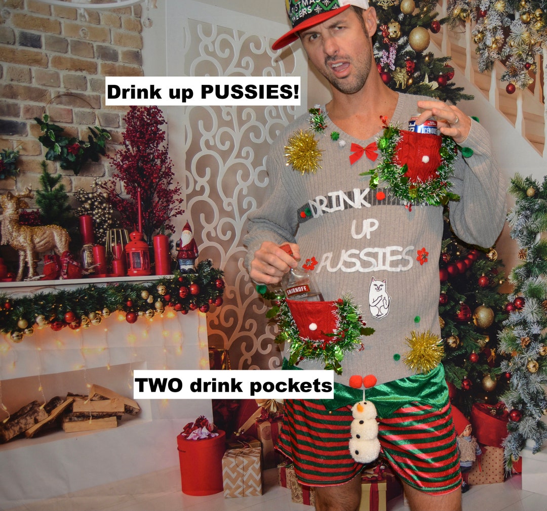 Large, Ugly Christmas Sweater, Drink up Pussies, Cat, Beer Holder ...