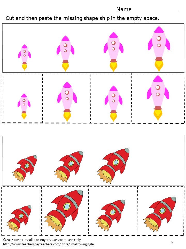 Sorting by Size Space Ships Cut and Paste Worksheet Set Preschool ...