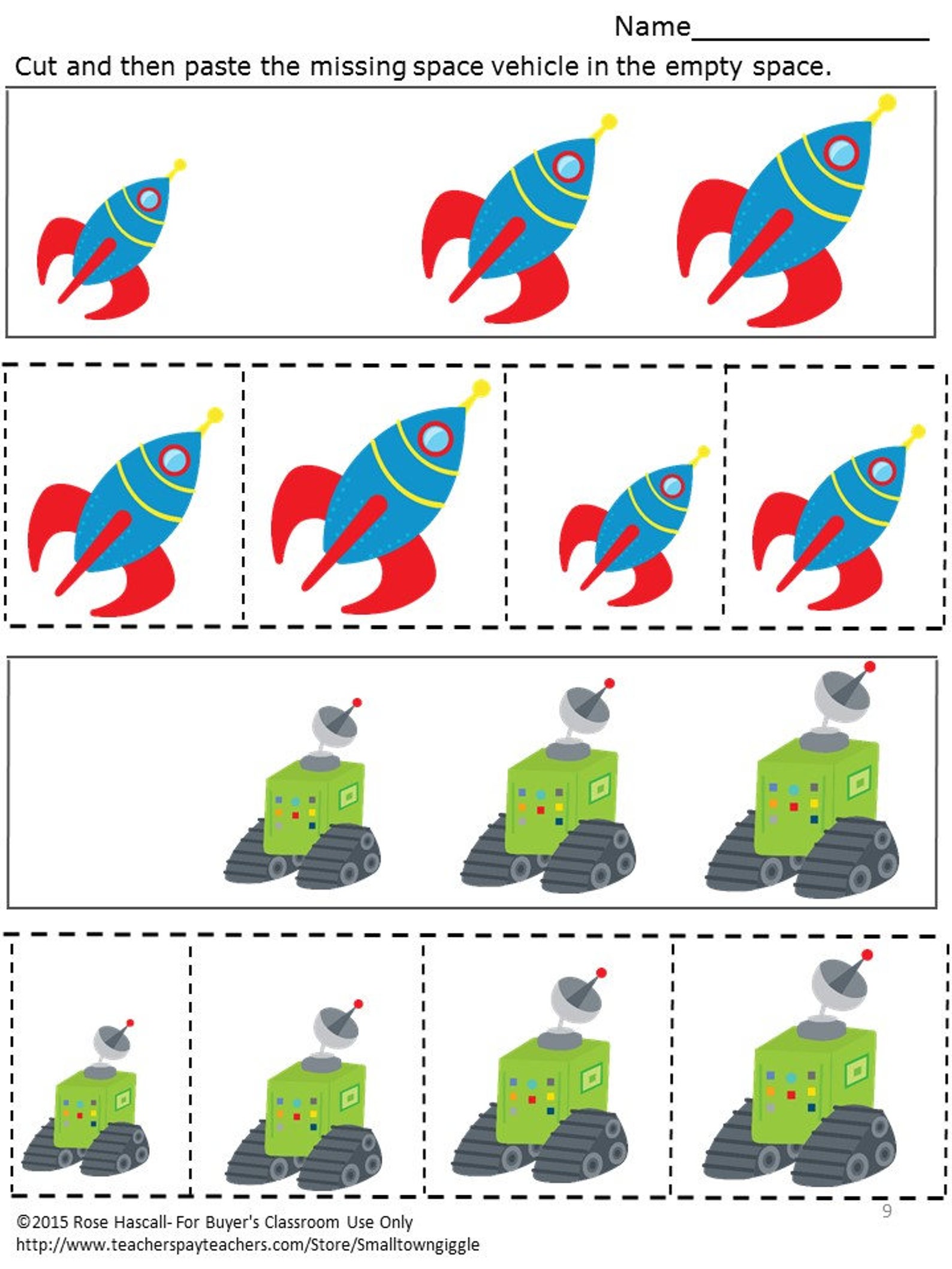 Sorting by Size Space Ships Cut and Paste Worksheet Set Preschool ...