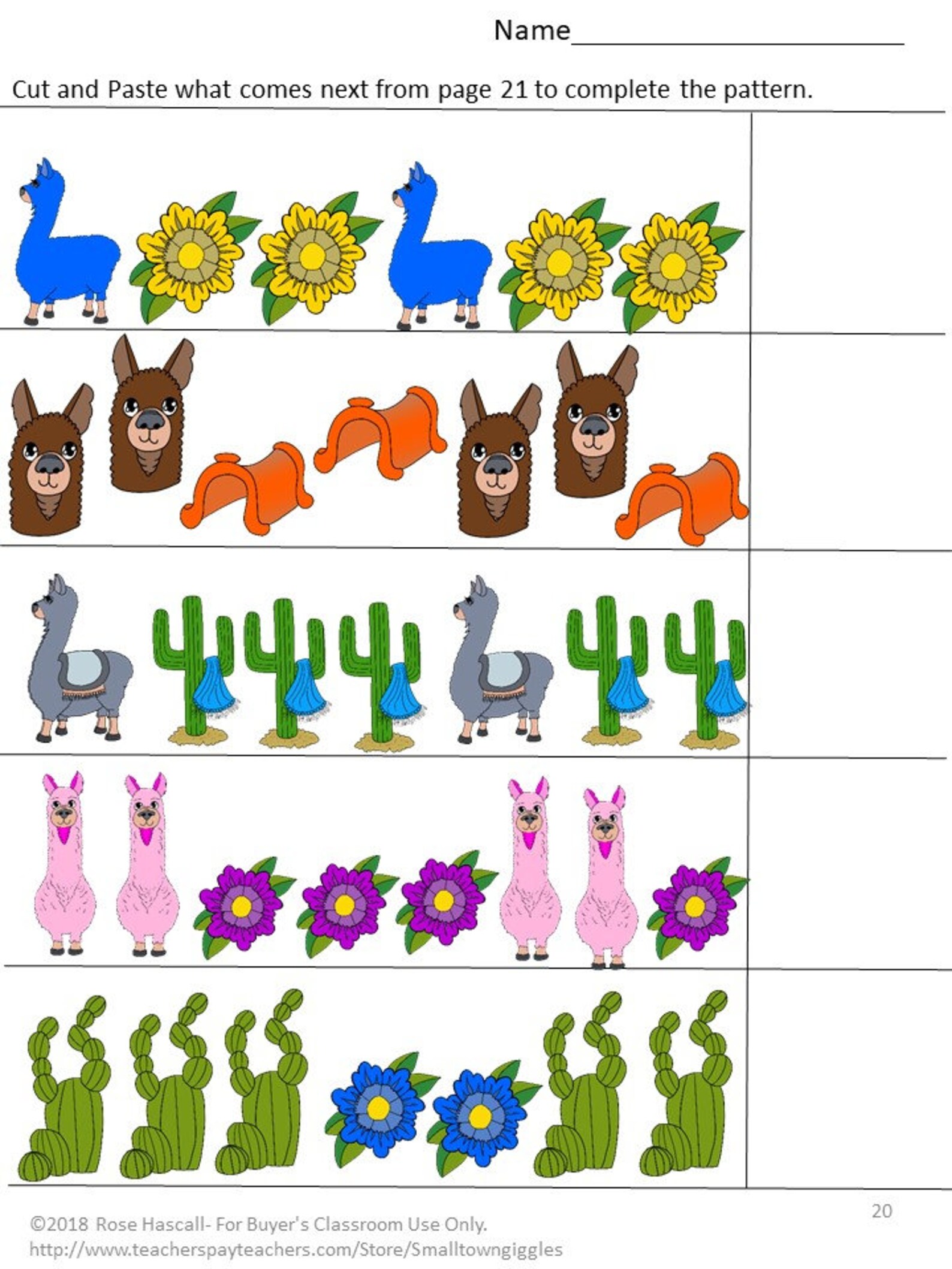 Llamas No Prep Cut and Paste Math Literacy Activities P-K, K, Special ...