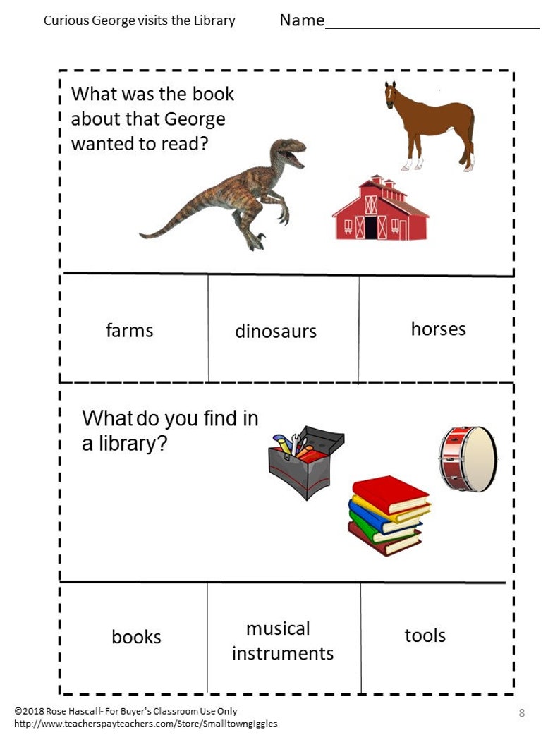 Curious George Visits the Library Book Study Cut and Paste Activities ...