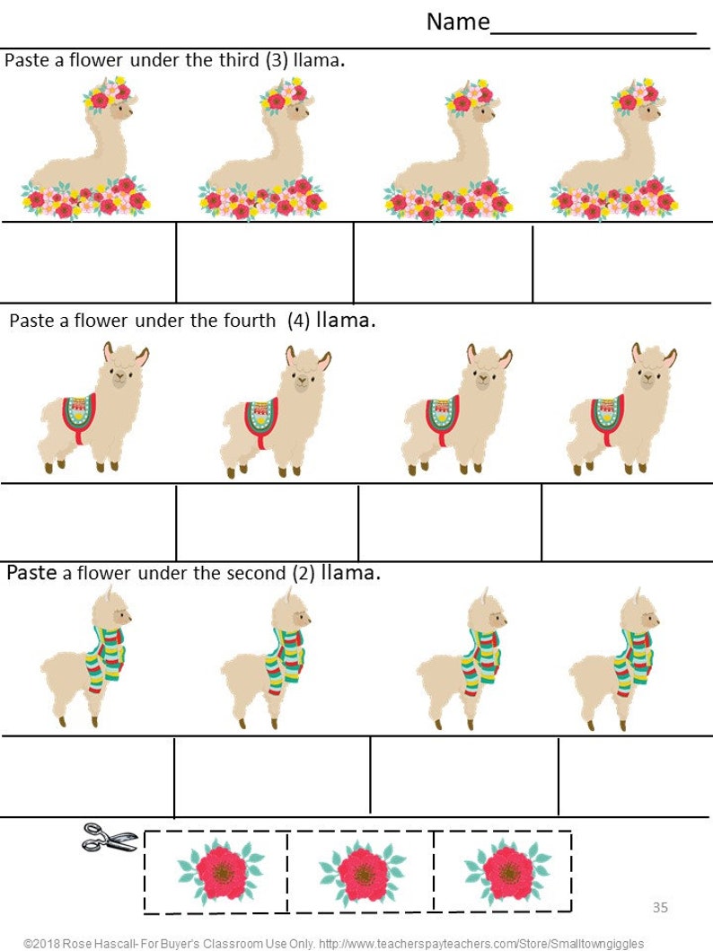 Llamas No Prep Cut and Paste Math Literacy Activities P-K, K, Special ...