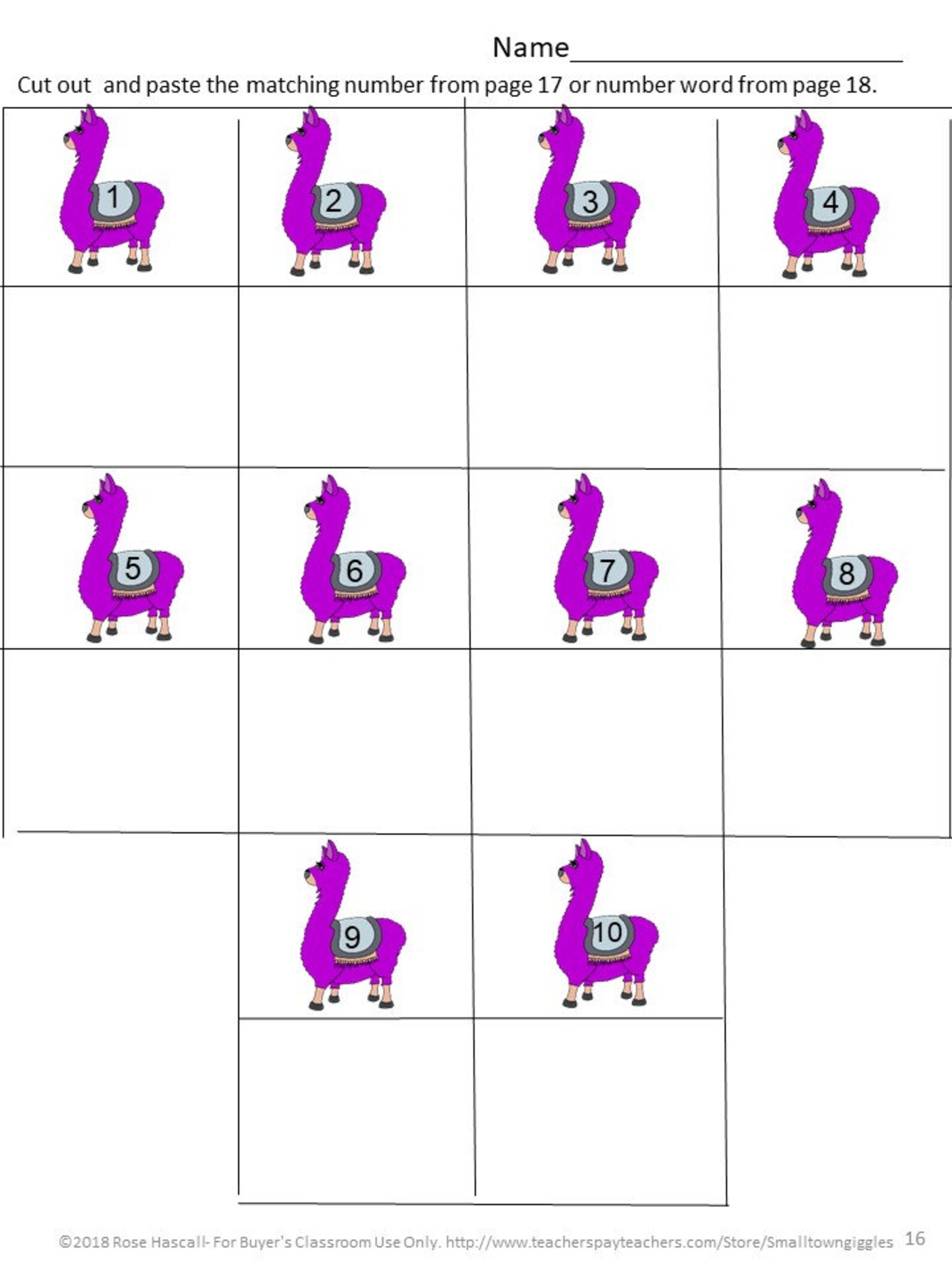 Llamas No Prep Cut and Paste Math Literacy Activities P-K, K, Special ...