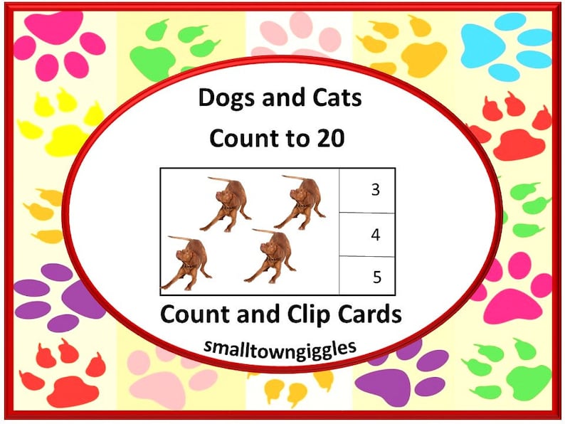 Dogs and Cats Count to 20 Count and Clip Cards, Printable Task Card ...