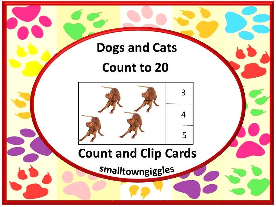 Dogs and Cats Count to 20 Count and Clip Cards, Printable Task Card ...