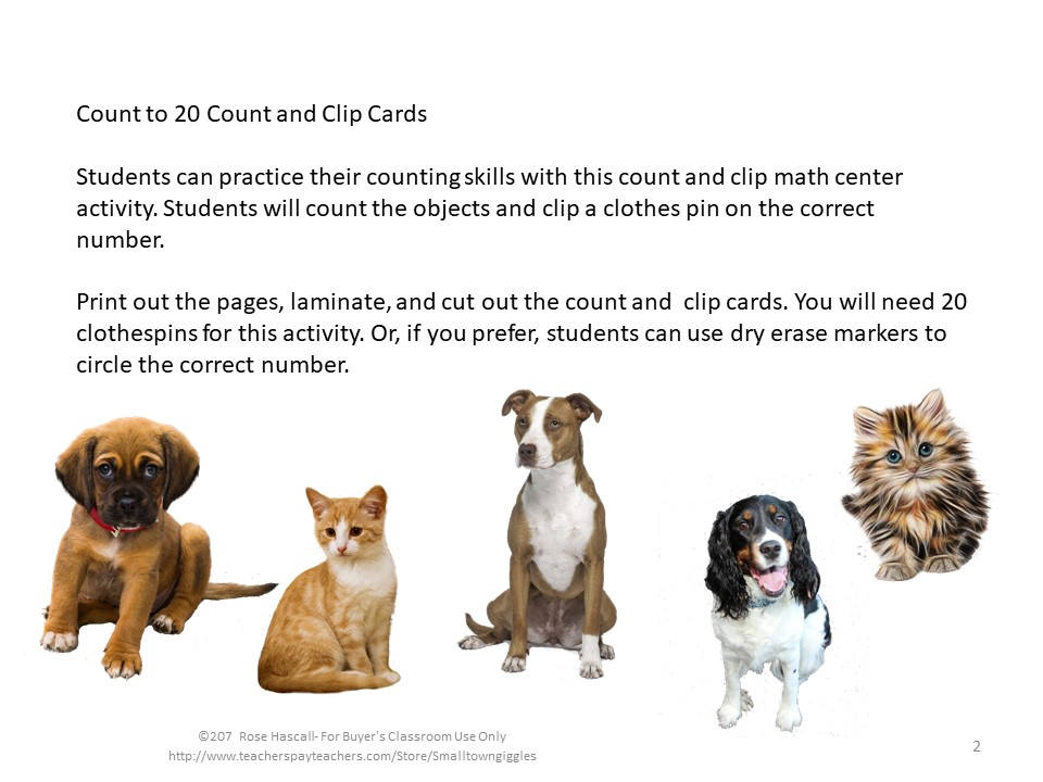 Dogs and Cats Count to 20 Count and Clip Cards, Printable Task Card ...