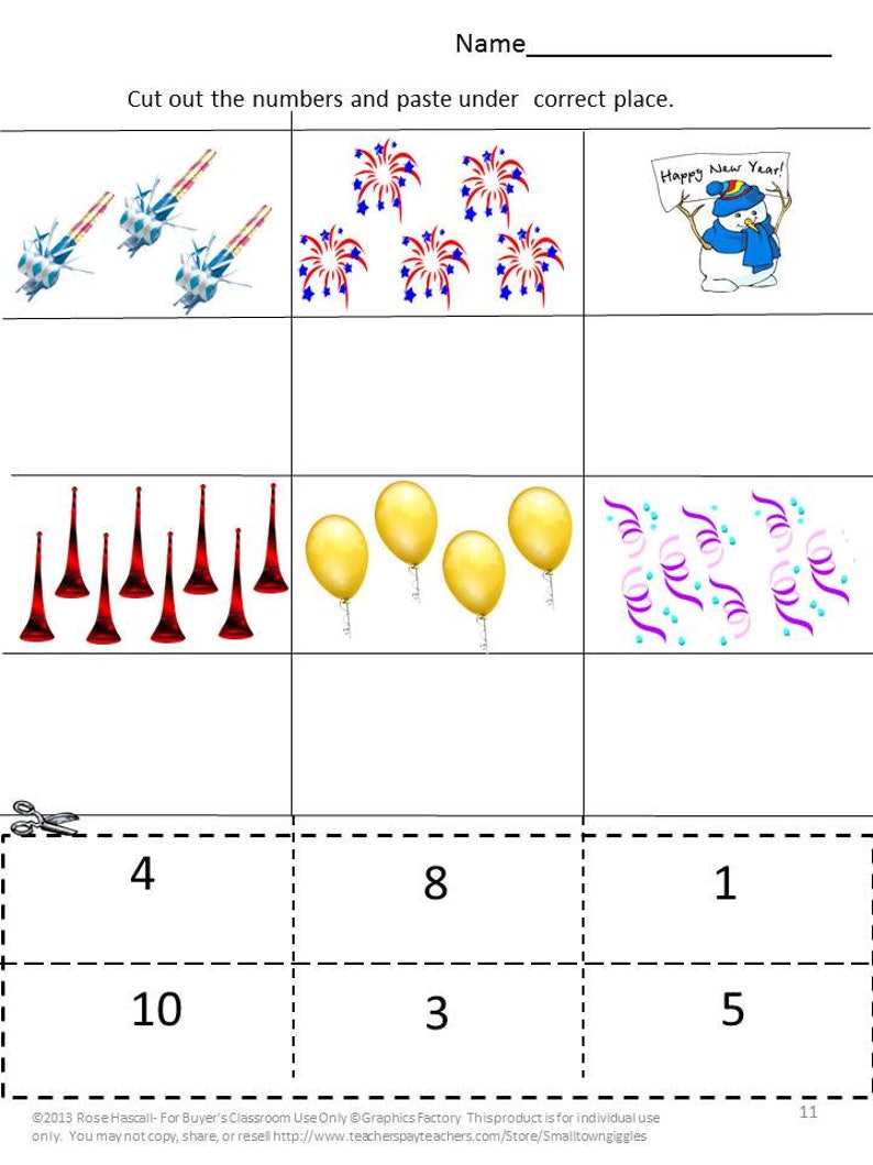 New Year's Counting Worksheets, Celebrating the New Year Math Cut and ...