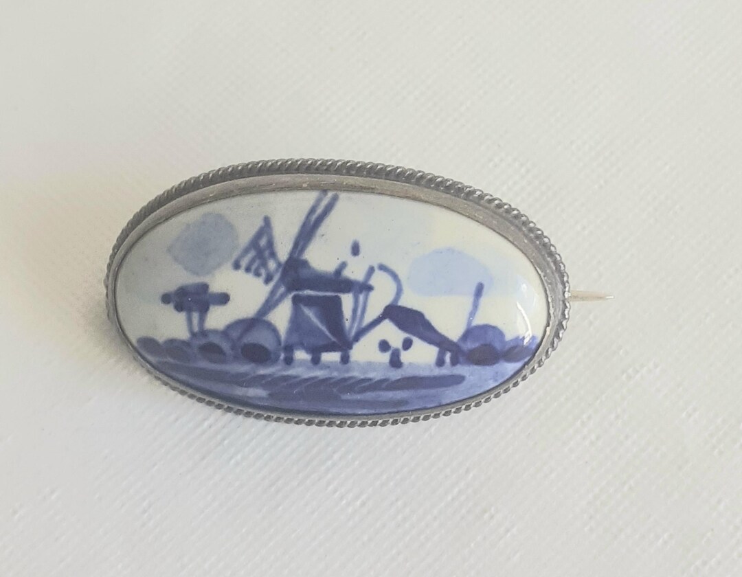 Vintage Delft Brooch, Signed Holland, Dutch Windmill, Women's Jewellery ...