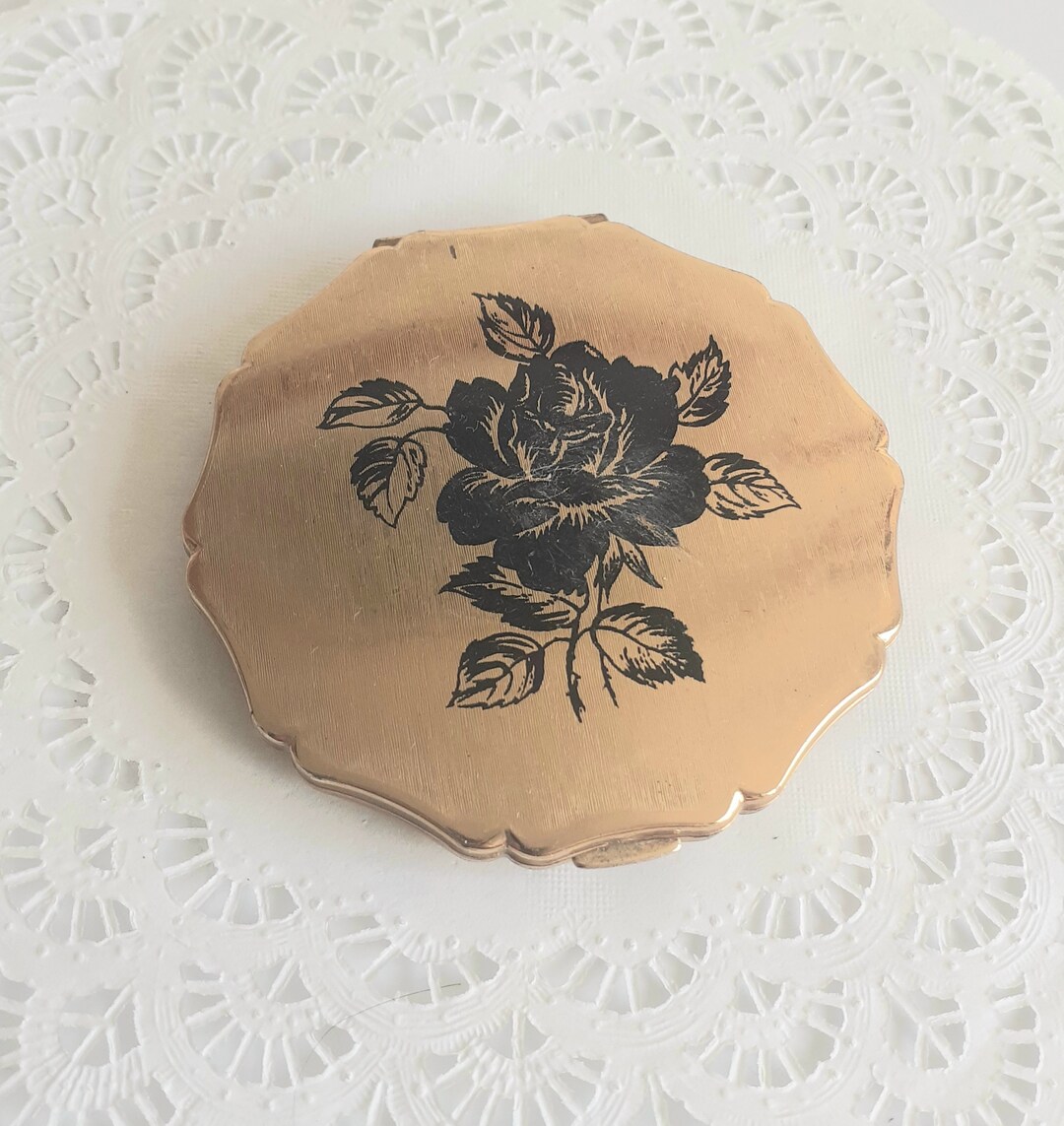Vintage Stratton Powder Compact, Black Rose Design, 1950s, Gold Tone ...