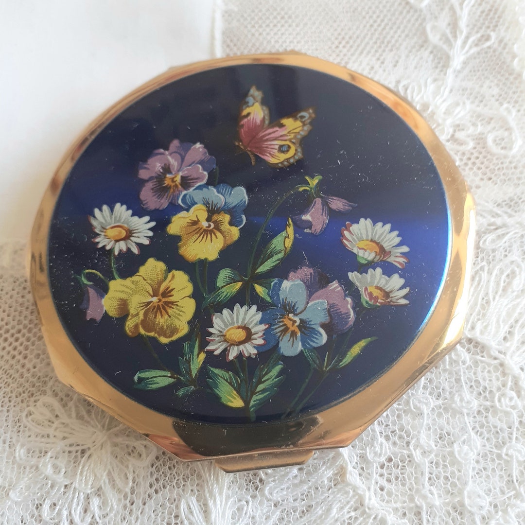 Vintage Stratton Powder Compact, Floral Butterfly Design, Blue Enamel ...