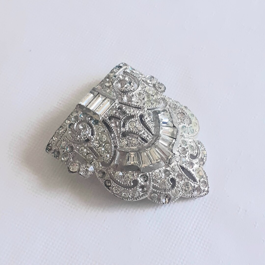 Vintage Marcasite Dress Clip, Art Deco Style, Clear Crystal, 1940s ...