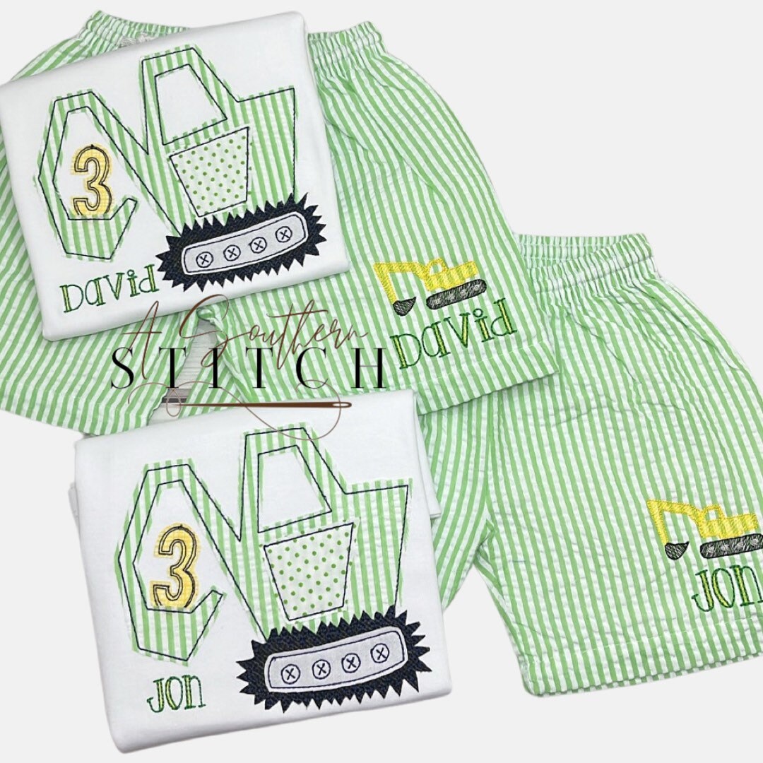Excavator Swim Trunks Appliqué Excavator Third Birthday Shirt Set - Etsy