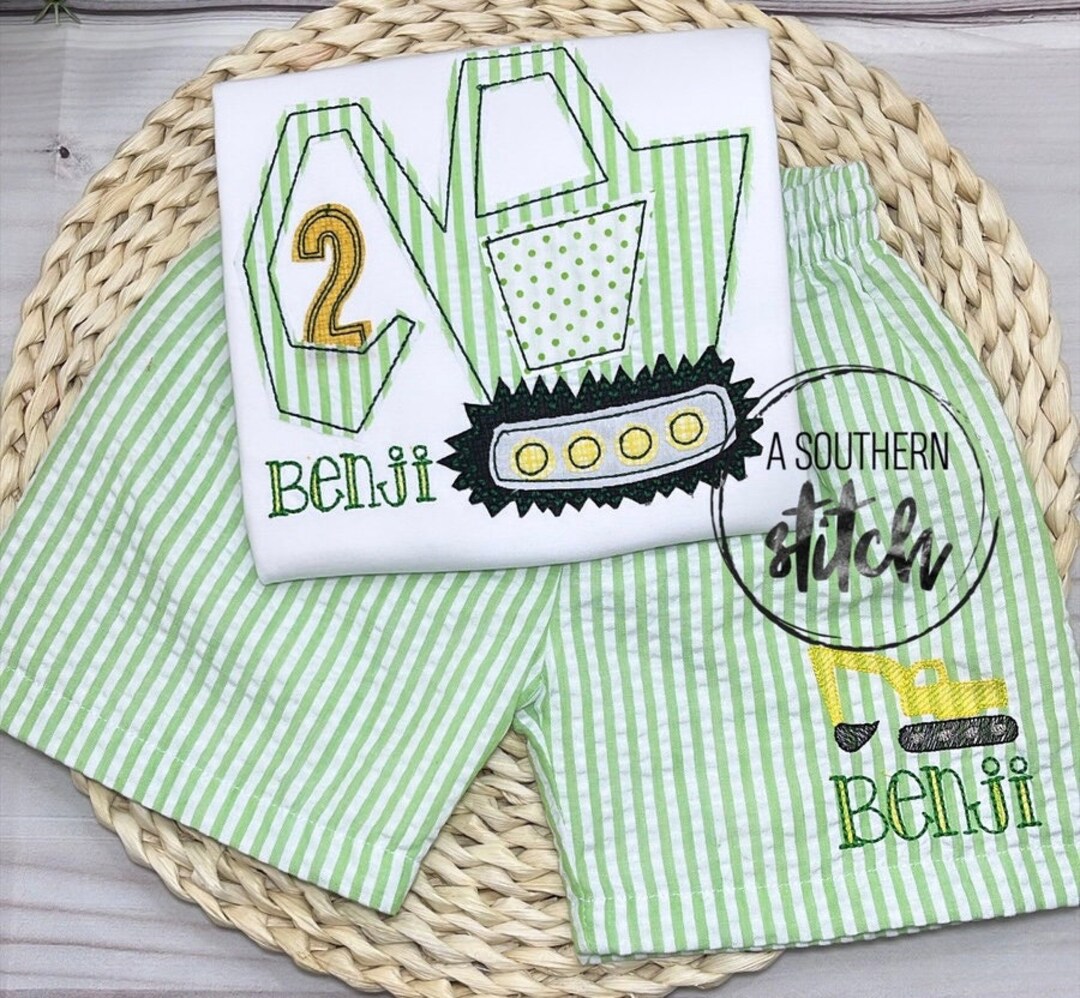 Excavator Swim Trunks Appliqué Excavator Second Birthday Shirt Set - Etsy
