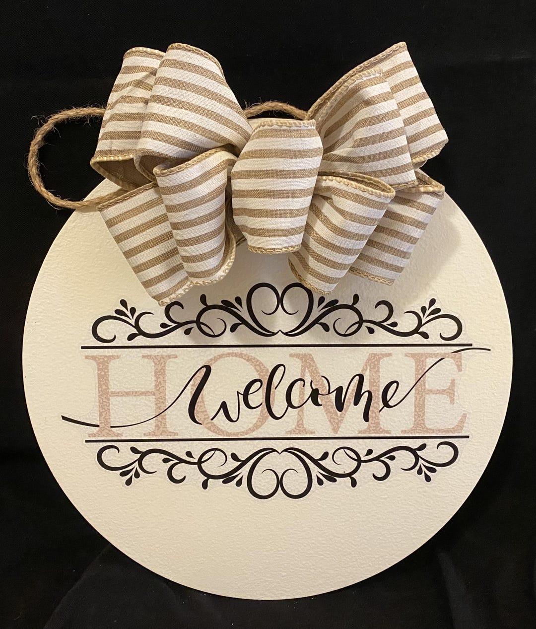 Rustic Welcome Home With Tan Stripped Bow Door or Porch Sign Hanger ...