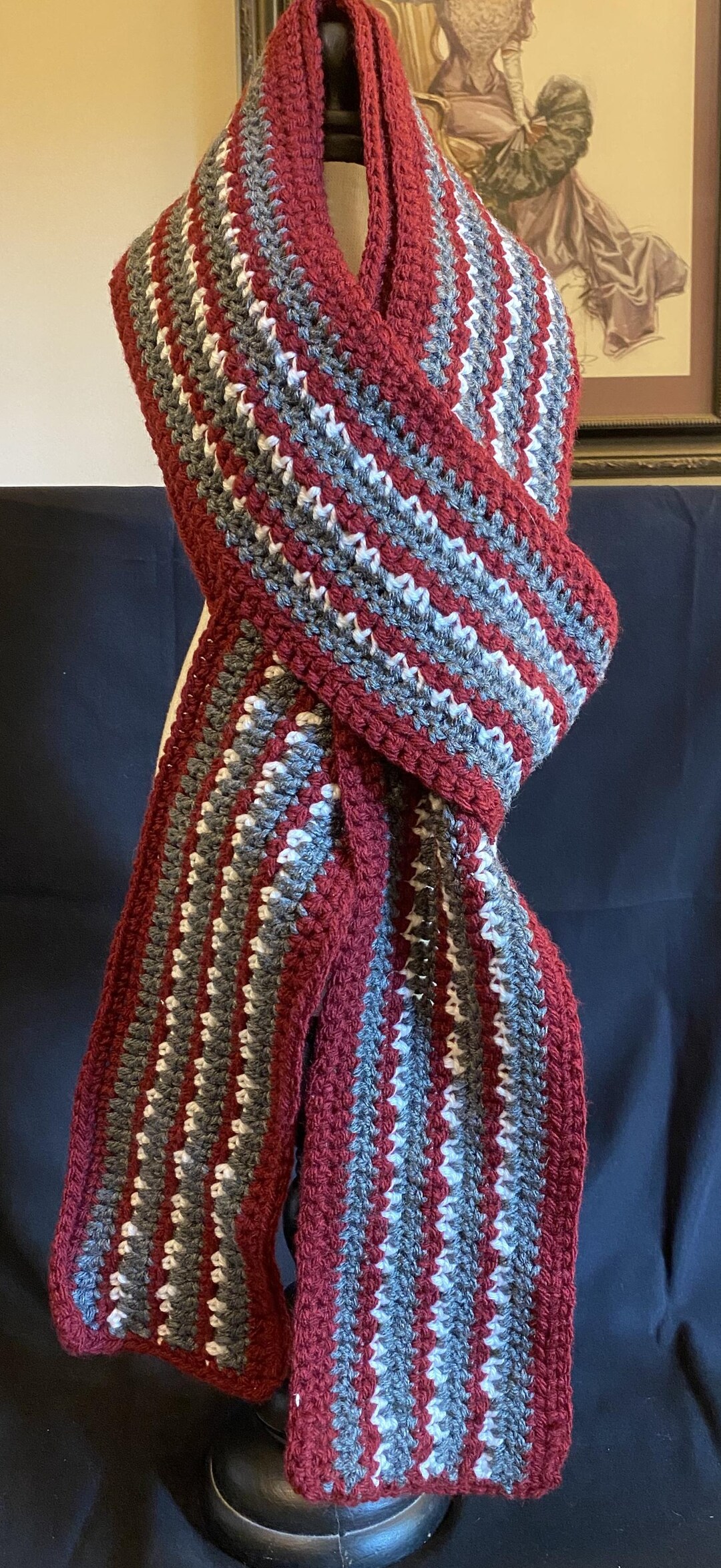 Crochet Multicolored Extra Long Grey White Wine Steam Blocked Scarf. - Etsy