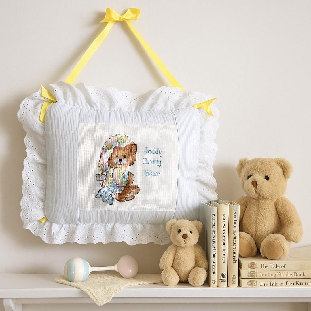 Vintage 80s Teddy Beddy Bear Cross Stitch Pillow – Nursery Decor - Etsy
