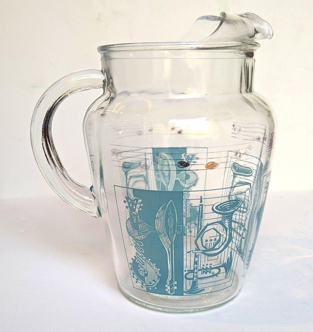 Vintage Glass Pitcher Mid Century 1950s Music Instruments Musical Notes ...