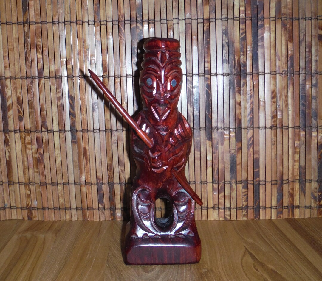 Vintage Hand Carved Maori Tiki - Wood Wooden Maori Teko Teko Tiki Paua ...