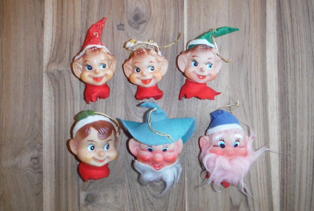 6 Vintage Mid Century Pixie Elf Heads Christmas Ornament Lights Vintage ...