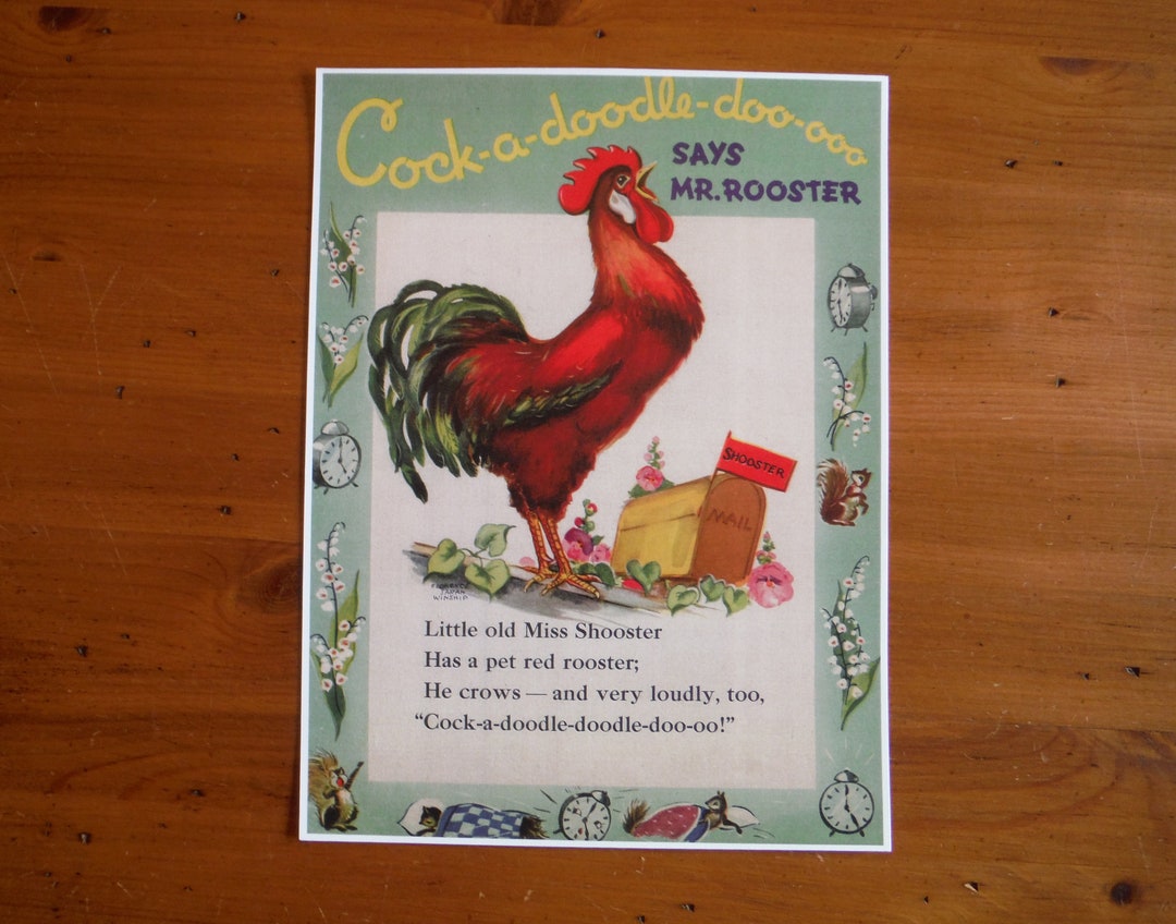Vintage 1940's Children's Rooster Poem Print - Vintage Shabby Chic ...